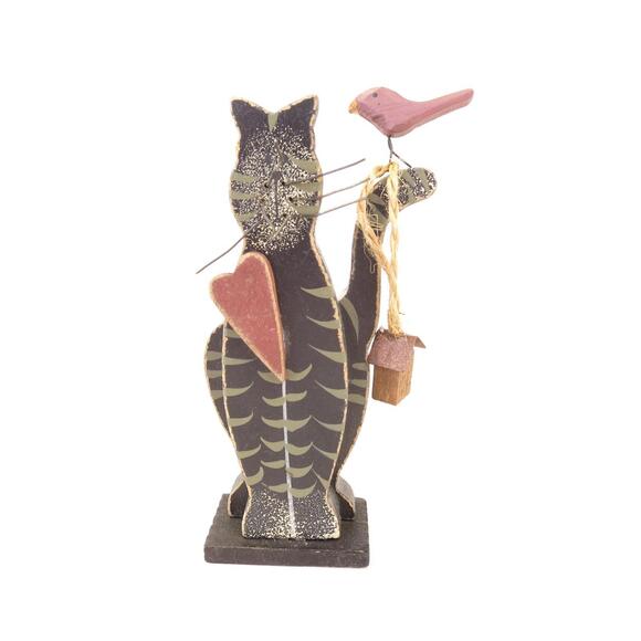 Art | Vintage Wood Block Cat With Red Heart And Metal Whiskers 425 ...